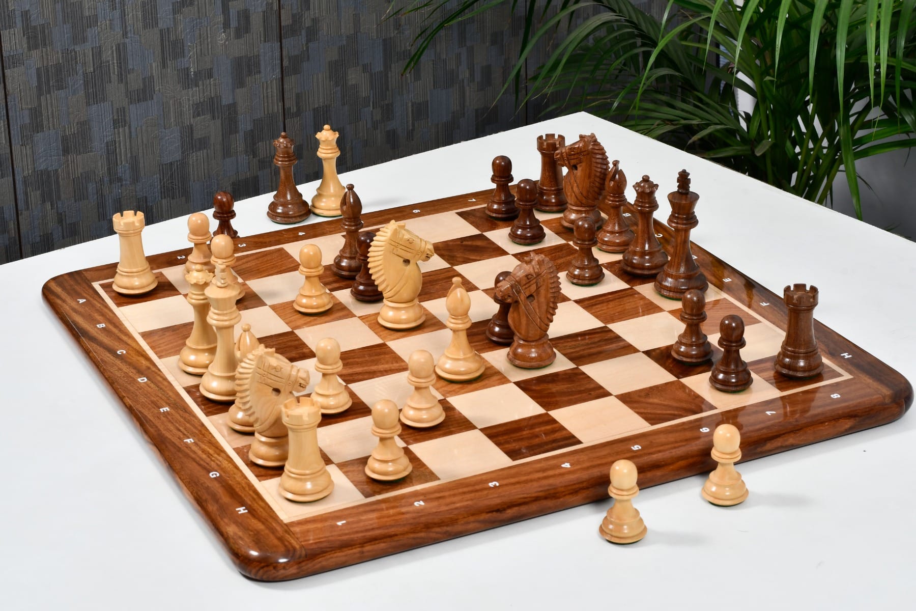 Derby Knight Chessmen in Ebonized Wood with 21" Notation Board